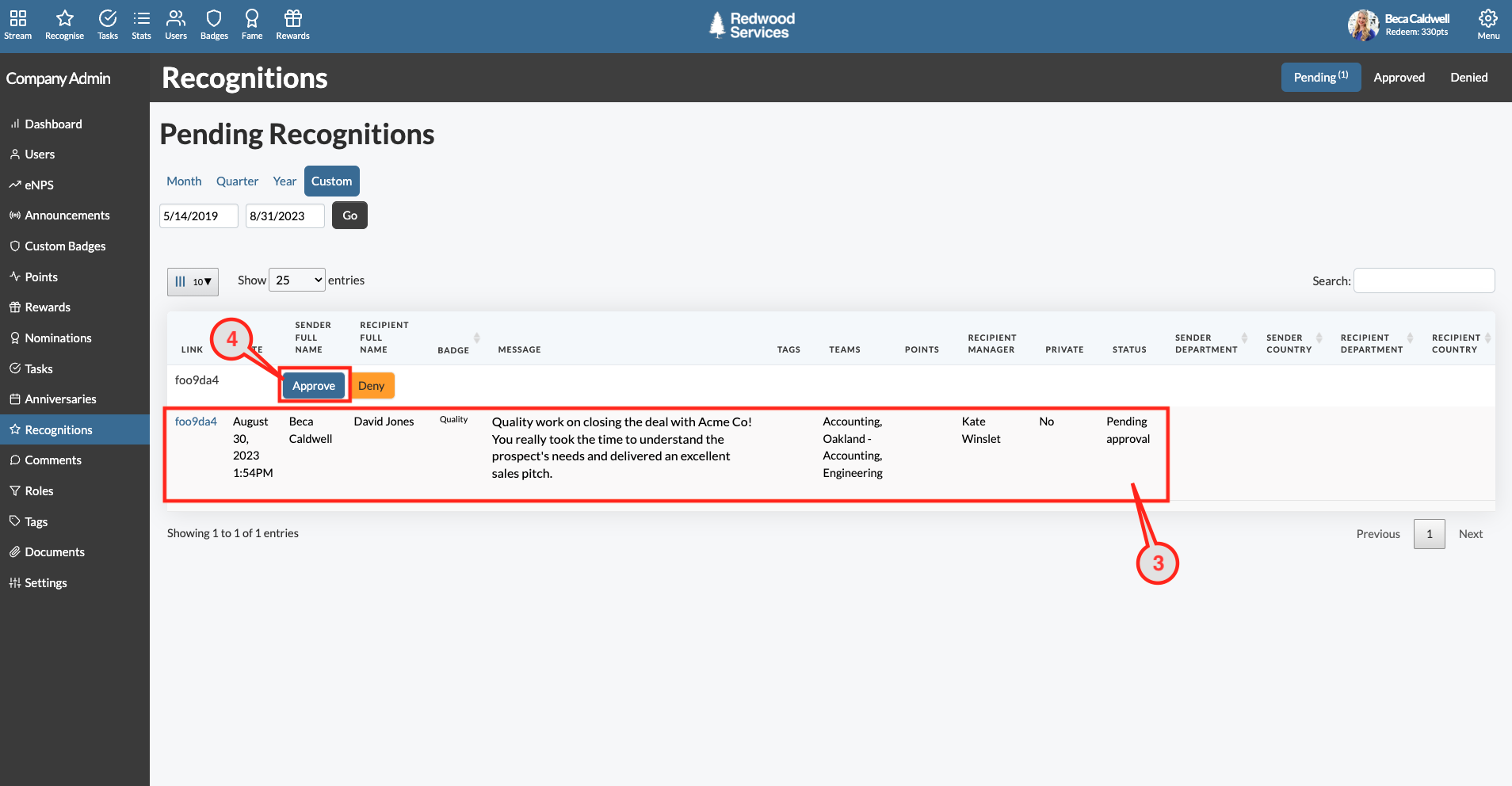 Approving & Denying Recognitions as a Company Admin – Recognize