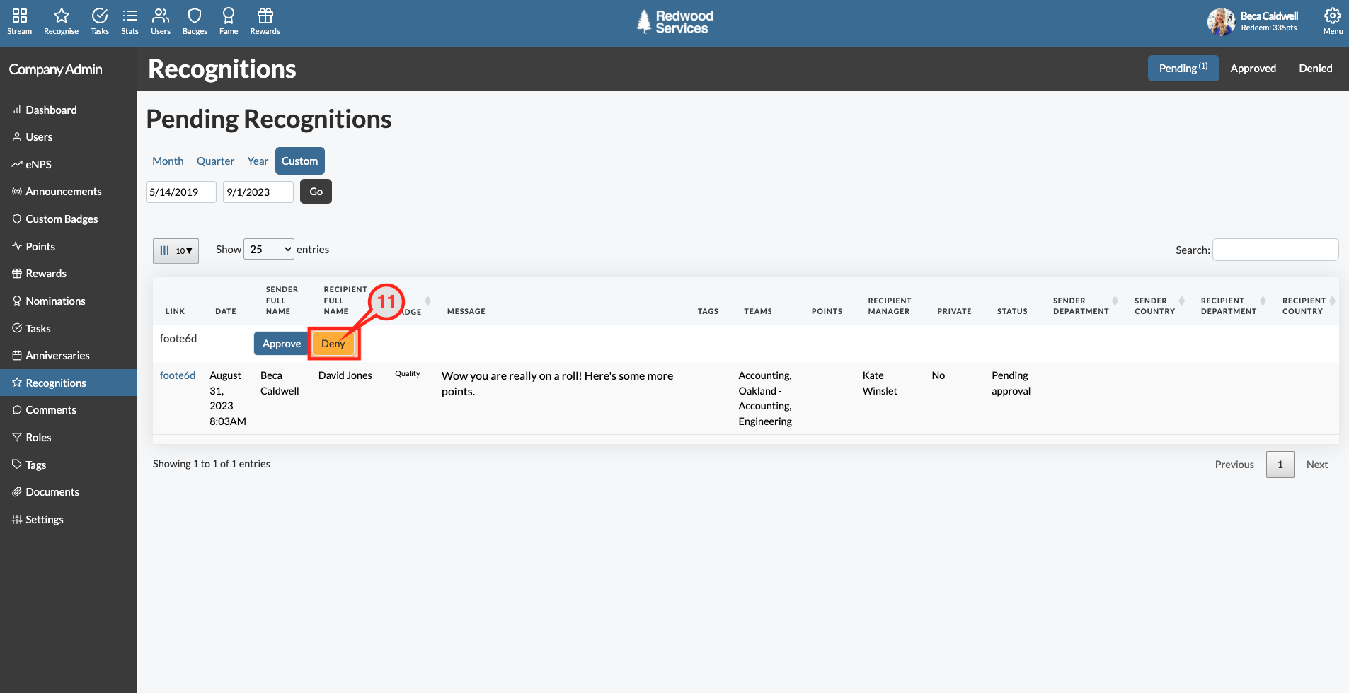 Approving & Denying Recognitions as a Company Admin – Recognize